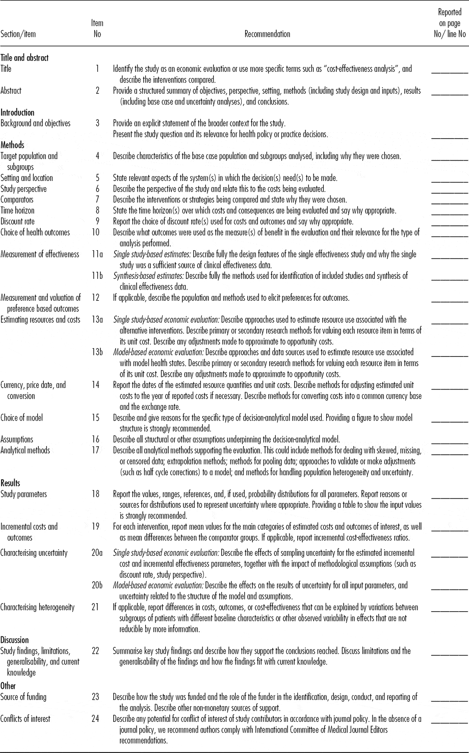 CONSOLIDATED HEALTH ECONOMIC EVALUATION REPORTING STANDARDS (CHEERS ...