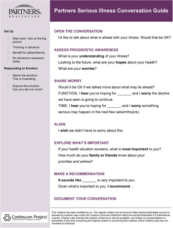 Adapting the serious illness conversation guide for use in the ...