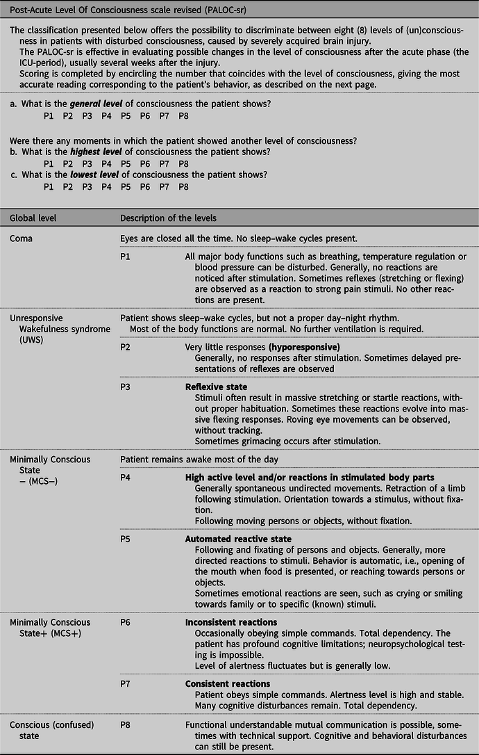 Post-Acute Level Of Consciousness scale revised (PALOC-sr): adaptation ...
