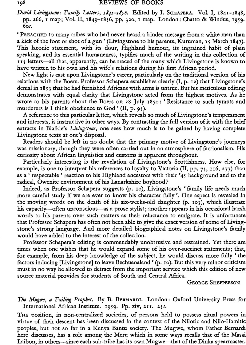 David Livingstone: Family Letters, 1841–1856. Edited by I. Schapera ...