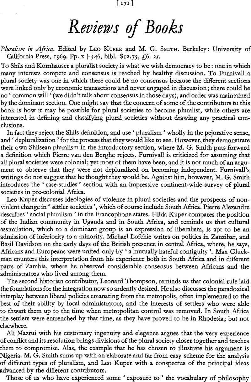 Pluralism in Africa. Edited by Leo Kuper and M. G. Smith. Berkeley ...