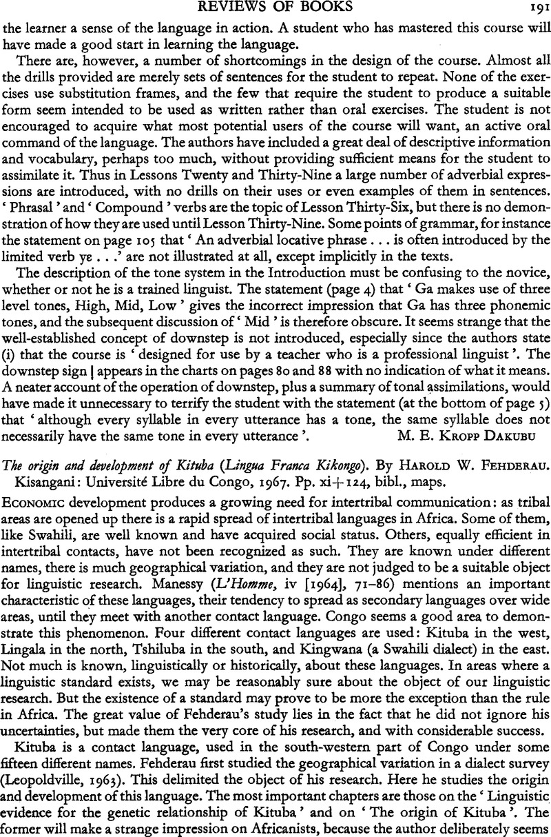 The origin and development of Kituba (Lingua Franca Kikongo). By Harold ...