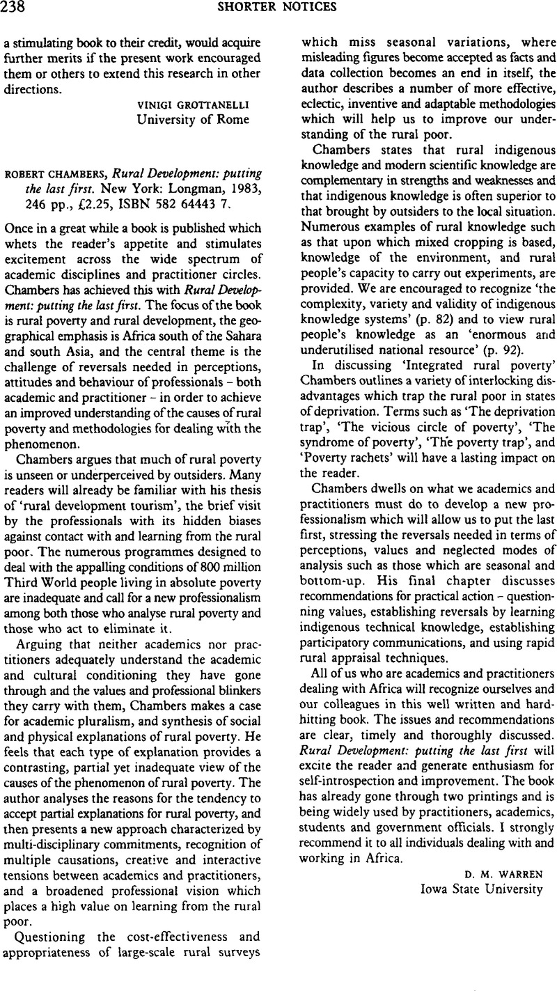 Robert Chambers, Rural Development: putting the last first. New York ...