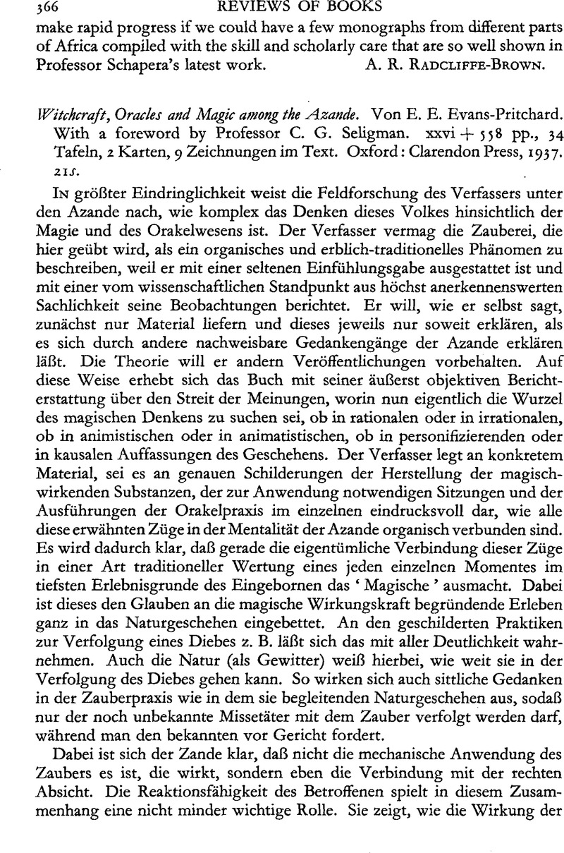 Witchcraft, Oracles and Magic among the Azande. Von E. E. Evans ...