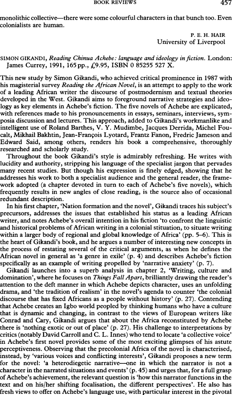 Simon Gikandi, Reading Chinua Achebe: language and ideology in fiction ...