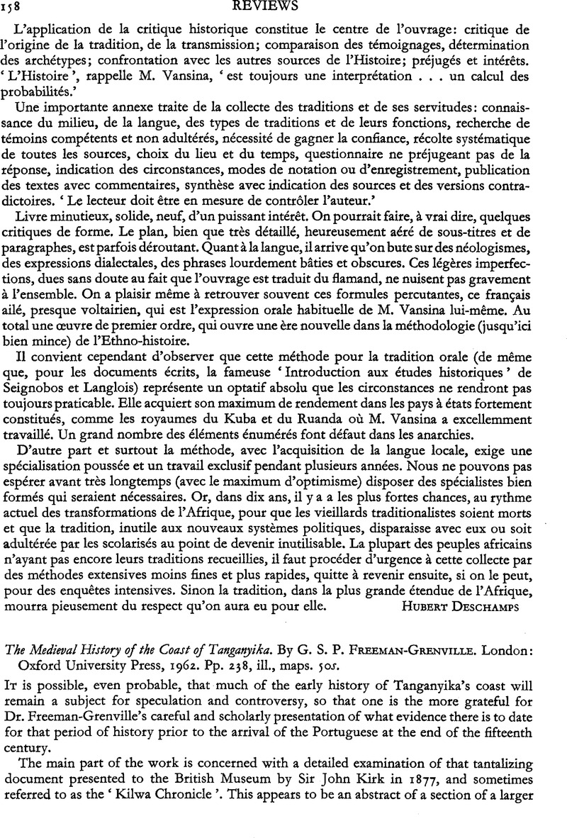 The Medieval History of the Coast of Tanganyika. By G. S. P. Freeman ...