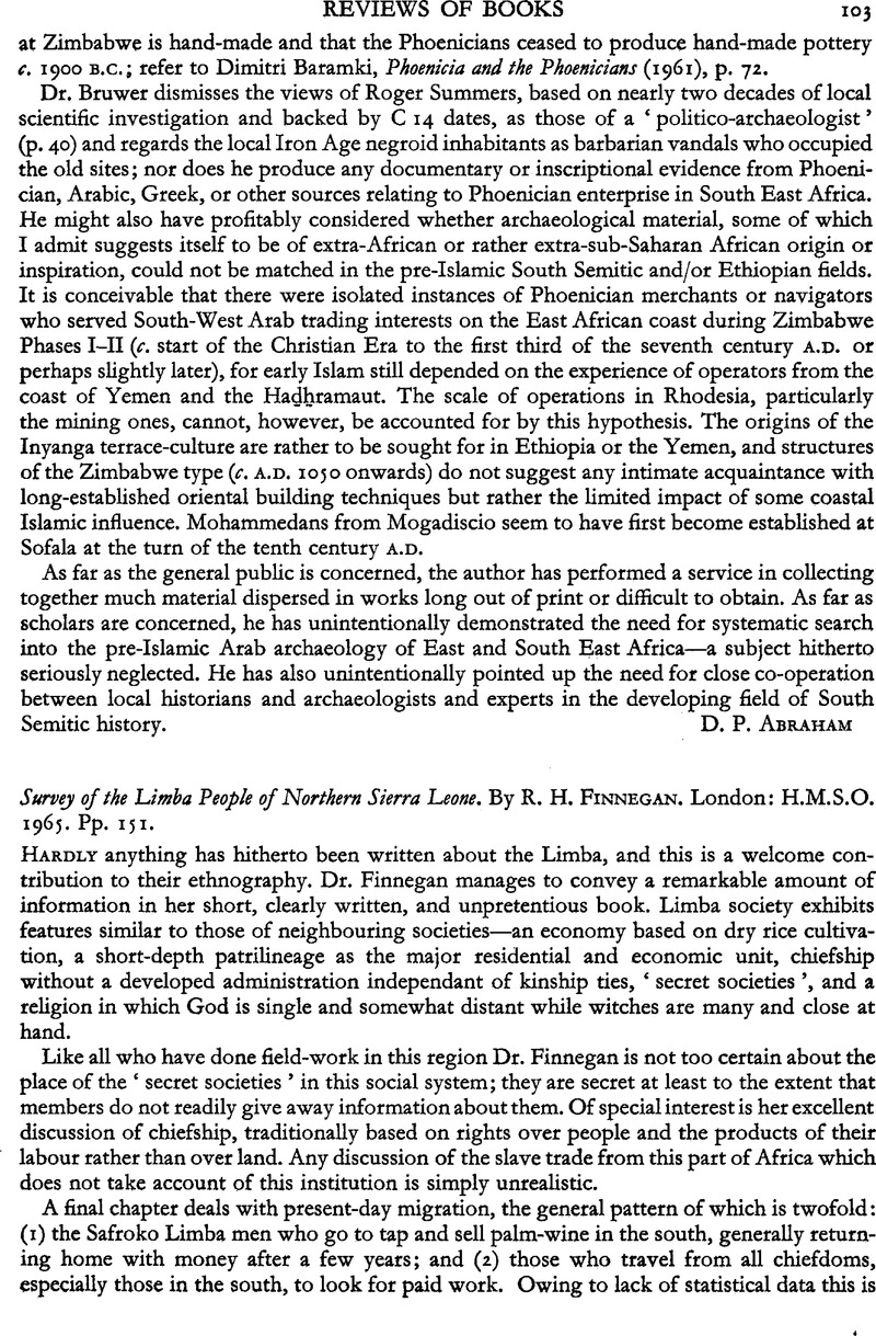 Survey of the Limba People of Northern Sierra Leone. By R. H. Finnegan ...