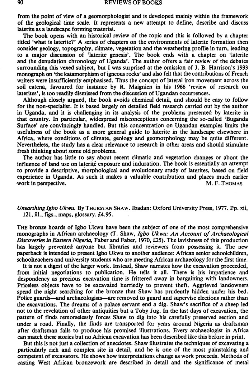 Unearthing Igbo Ukwu. By Thurstan Shaw. Ibadan: Oxford University Press ...