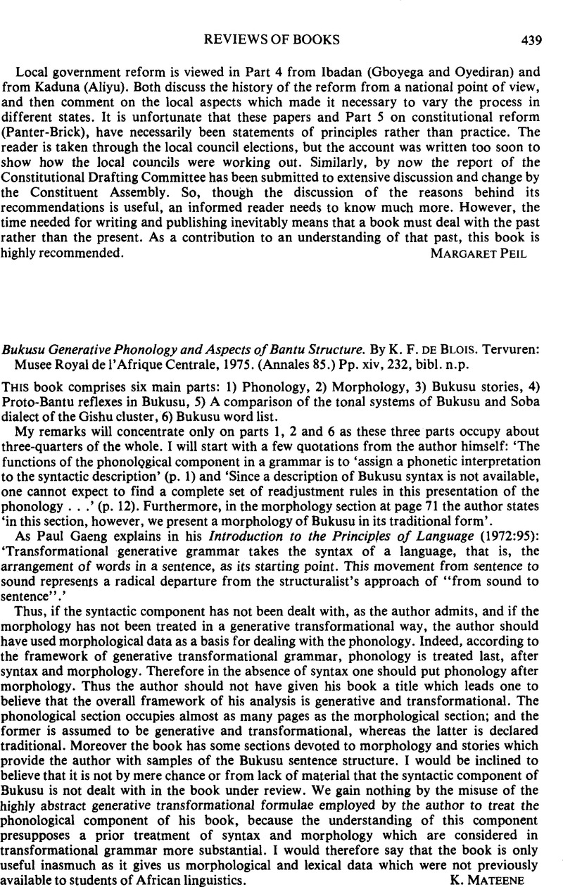 Bukusu Generative Phonology And Aspects Of Bantu Structure By K F De Blois Tervuren Musee