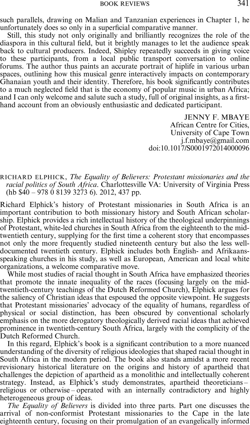 RICHARD ELPHICK , The Equality of Believers: Protestant missionaries ...