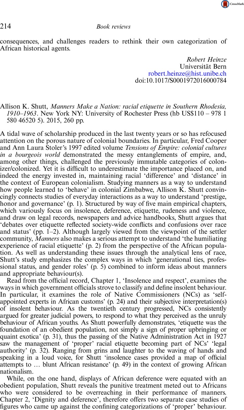Allison K. Shutt , Manners Make a Nation: racial etiquette in Southern ...