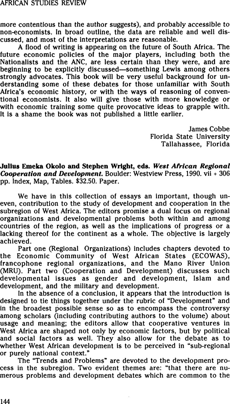 Julius Emeka Okolo and Stephen Wright, eds. West African Regional ...