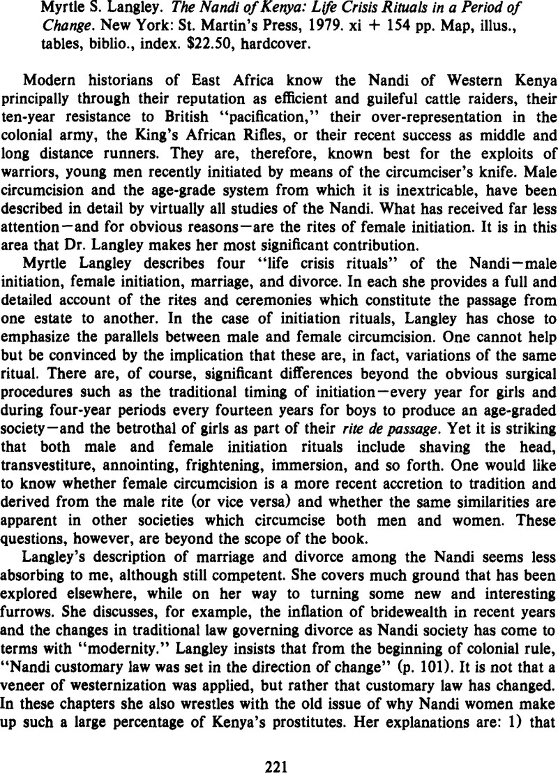 Myrtle S. Langley. The Nandi of Kenya: Life Crisis Rituals in a Period ...