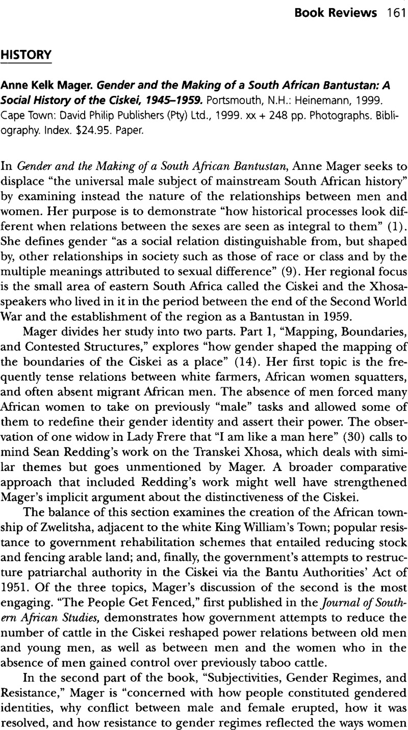 Anne Kelk Mager. Gender and the Making of a South African Bantustan: A ...