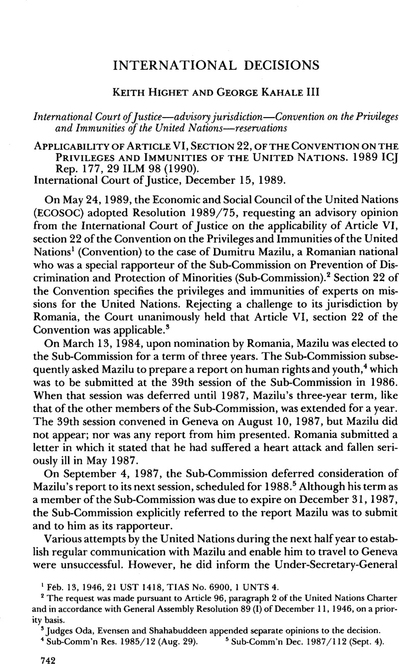 Applicability of Article VI, Section 22, of the Convention on the ...
