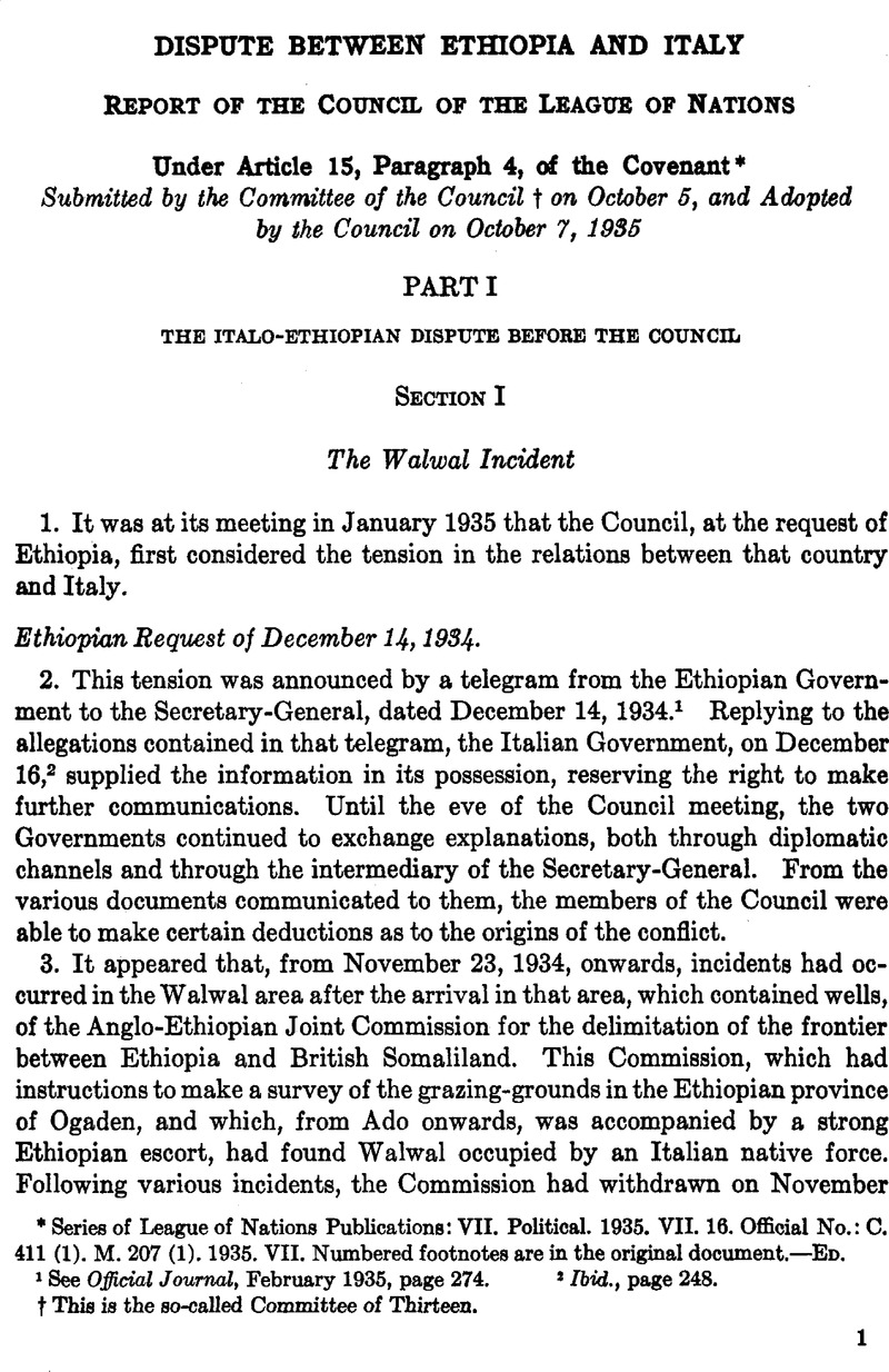 Report of the Council of the League of Nations Under Article 15 ...
