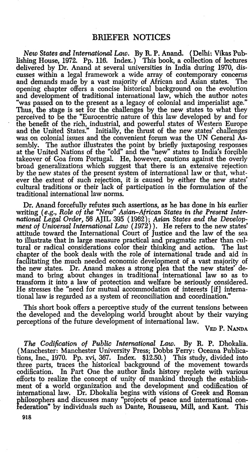 New States and International Law. By R. P. Anand. (Delhi: Vikas ...