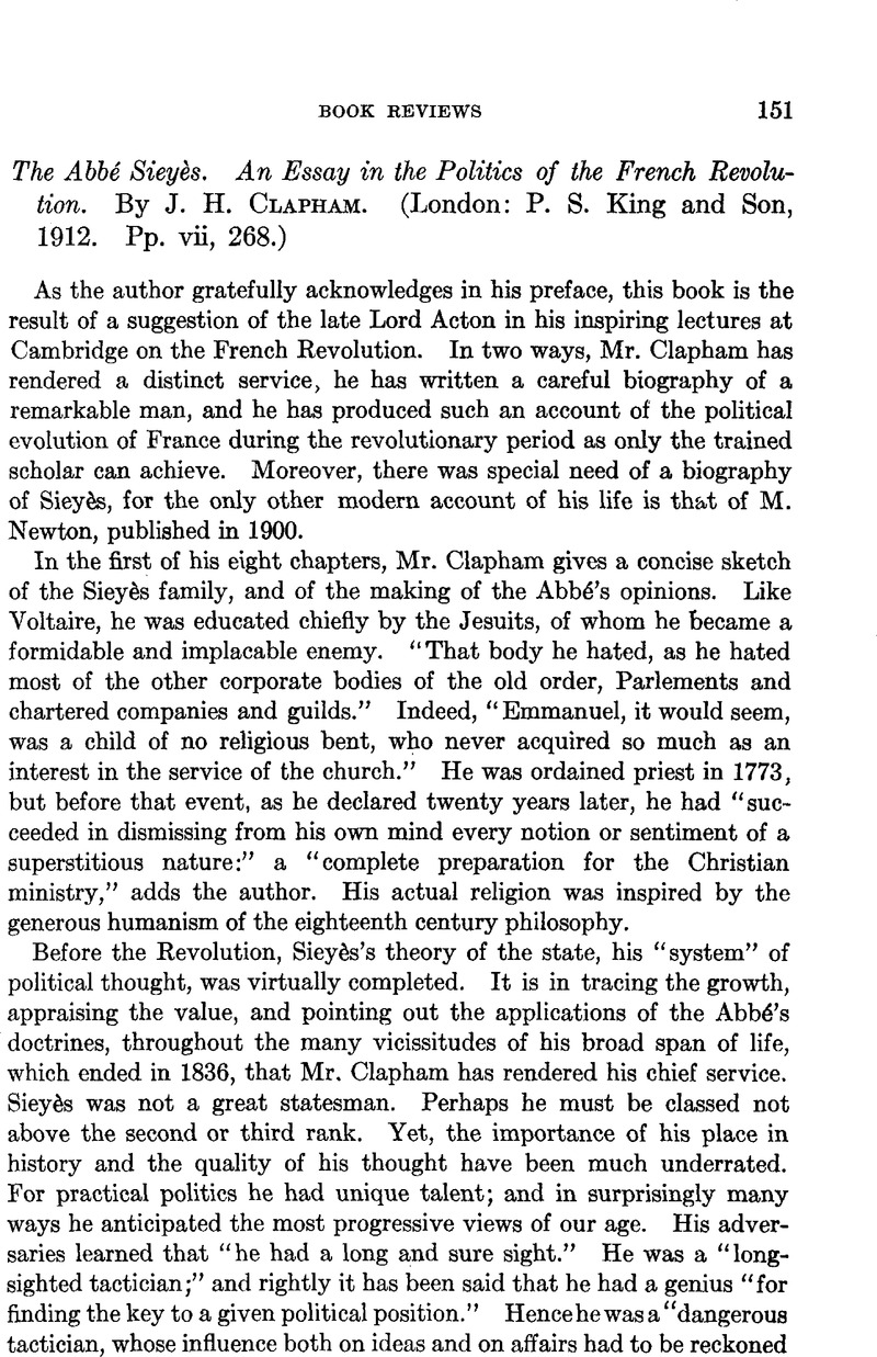 The Abbé Sieyès. An Essay in the Politics of the French Revolution. By ...
