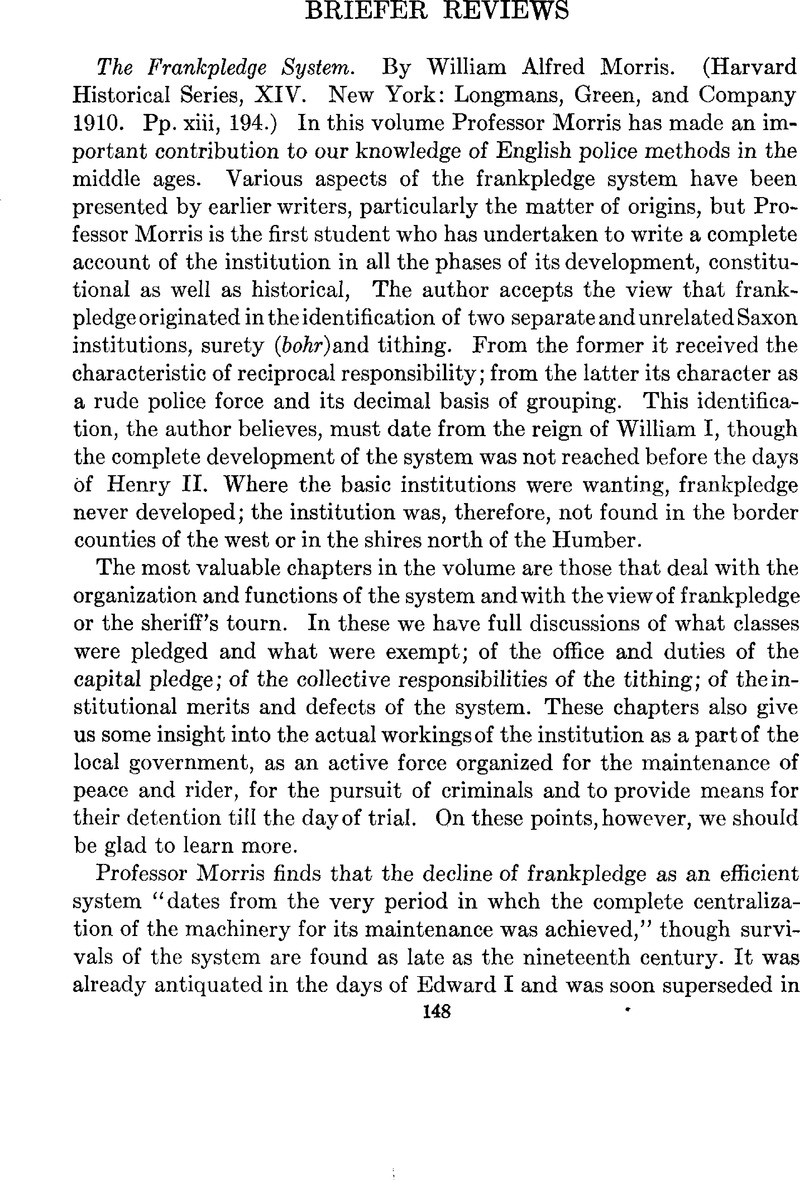 The Frankpledge System. By William Alfred Morris. (Harvard Historical ...