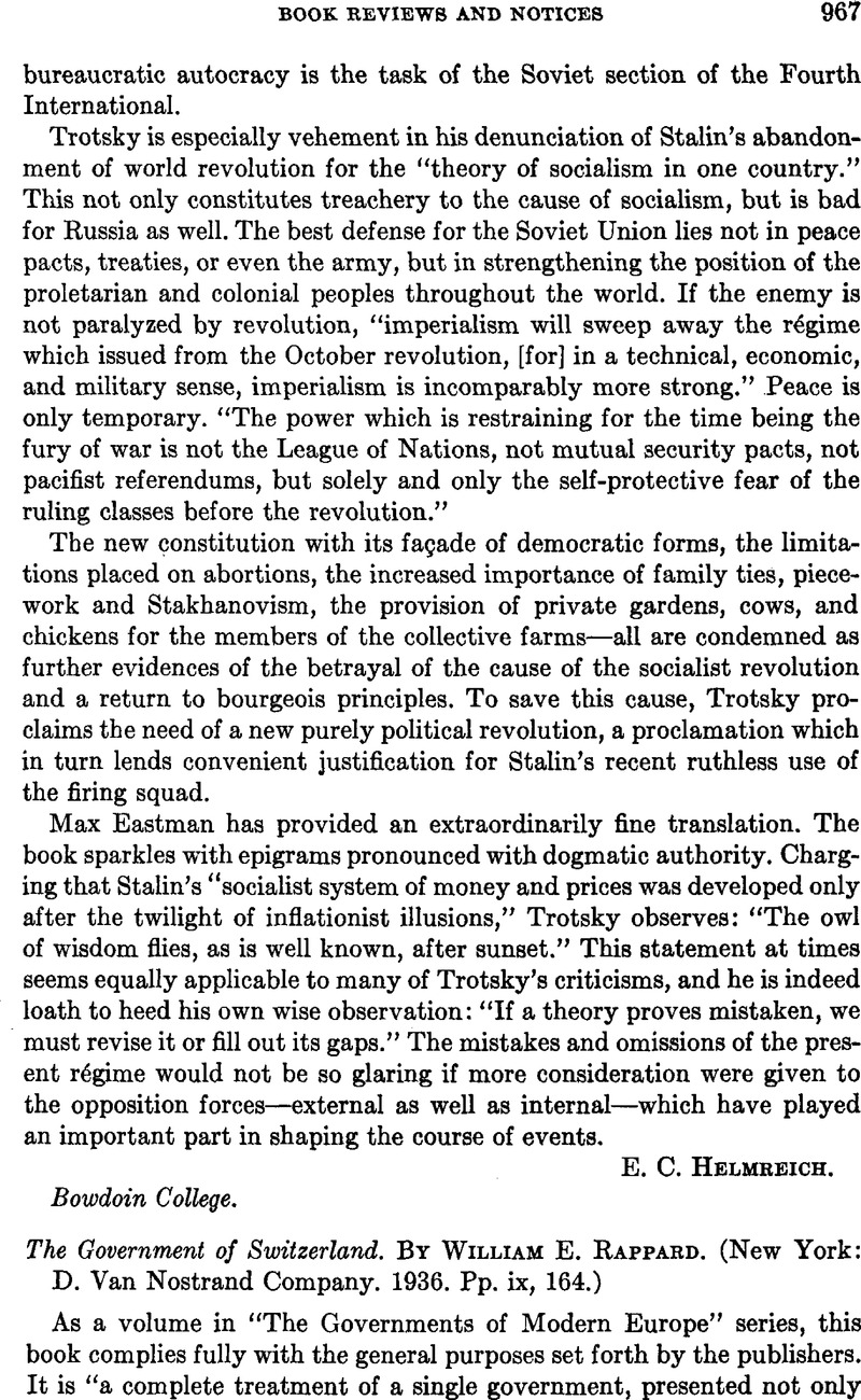 The Government of Switzerland. By William E. Rappard. (New York: D. Van ...