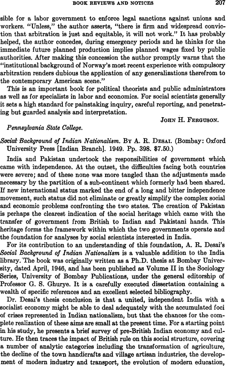 Social Background of Indian Nationalism. By A. R. Desai. (Bombay ...