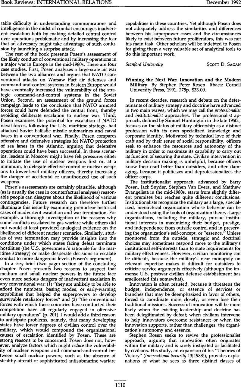 Winning the Next War: Innovation and the Modern Military. By Stephen ...