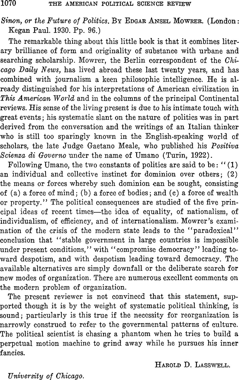 Sinon, or the Future of Politics. By Edgar Ansel Mowrer. (London: Kegan ...