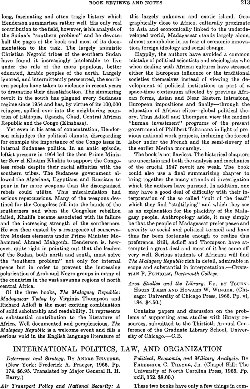 Deterrence and Strategy. By Andre Beaufre. (New York: Frederick A ...