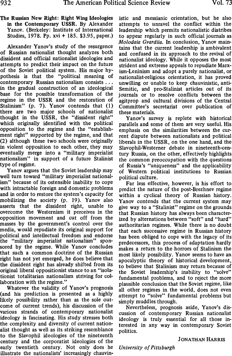The Russian New Right: Right Wing Ideologies in the Contemporary USSR ...