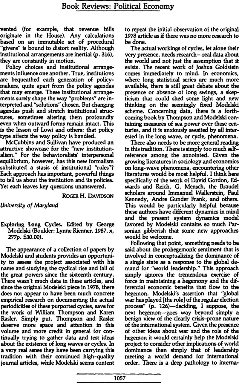 Exploring Long Cycles. Edited by George Modelski (Boulder: Lynne ...