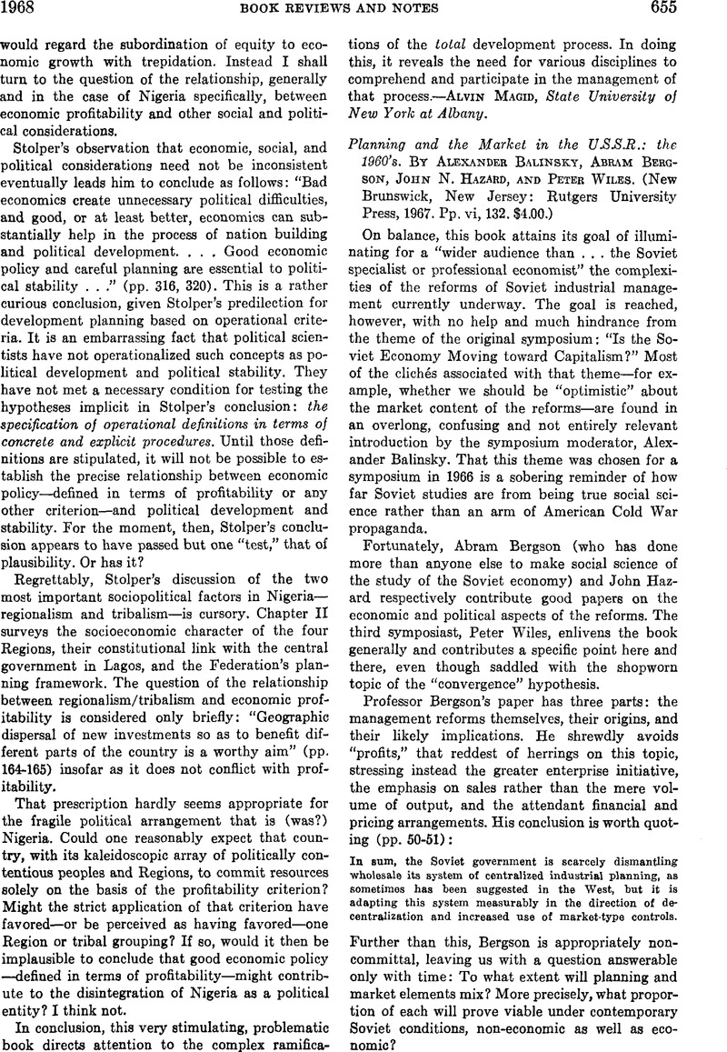 Planning and the Market in the U.S.S.R.: the 1960's. By Alexander Balinsky, Abram Bergson, John ...