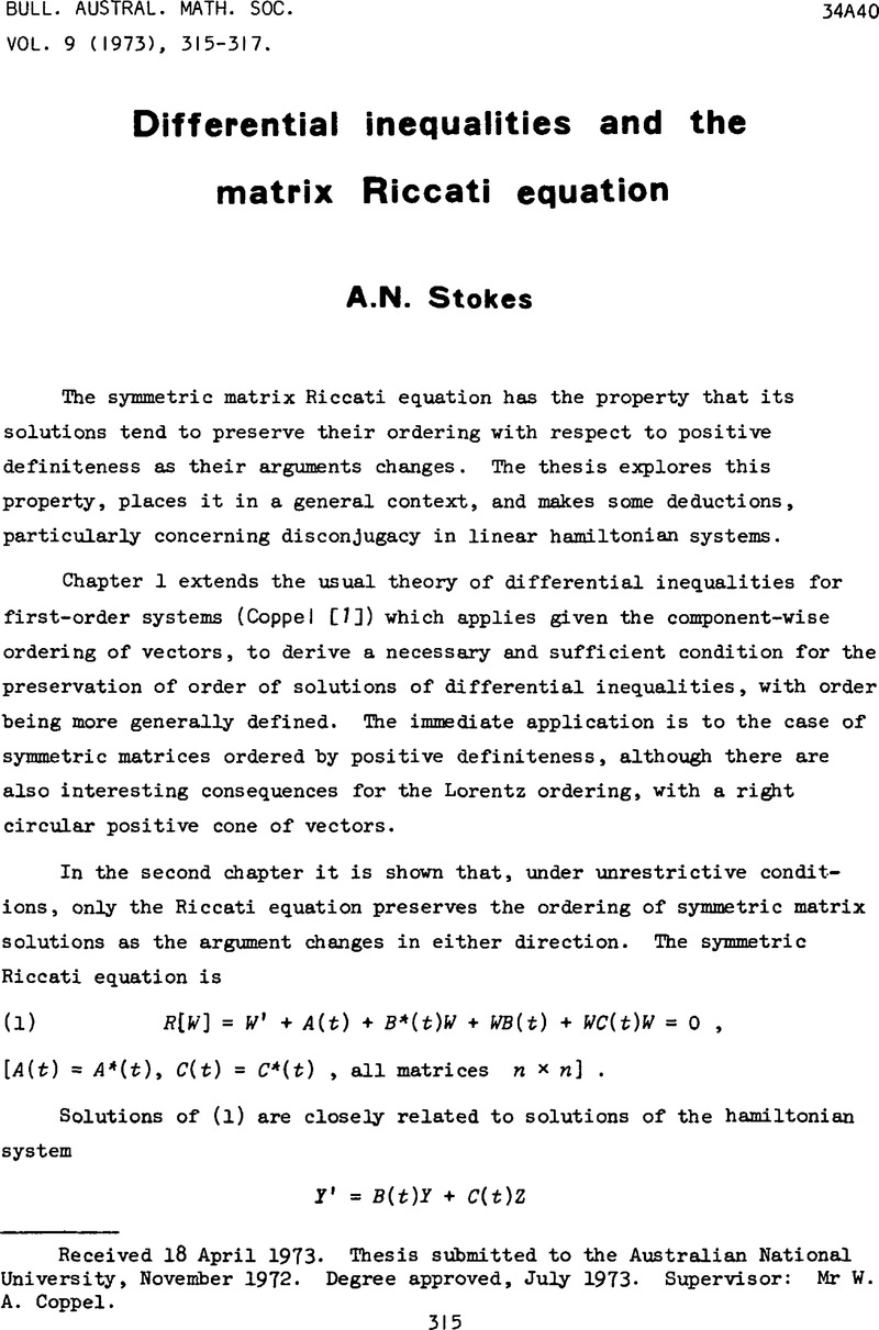 Differential Inequalities And The Matrix Riccati Equation Bulletin Of The Australian