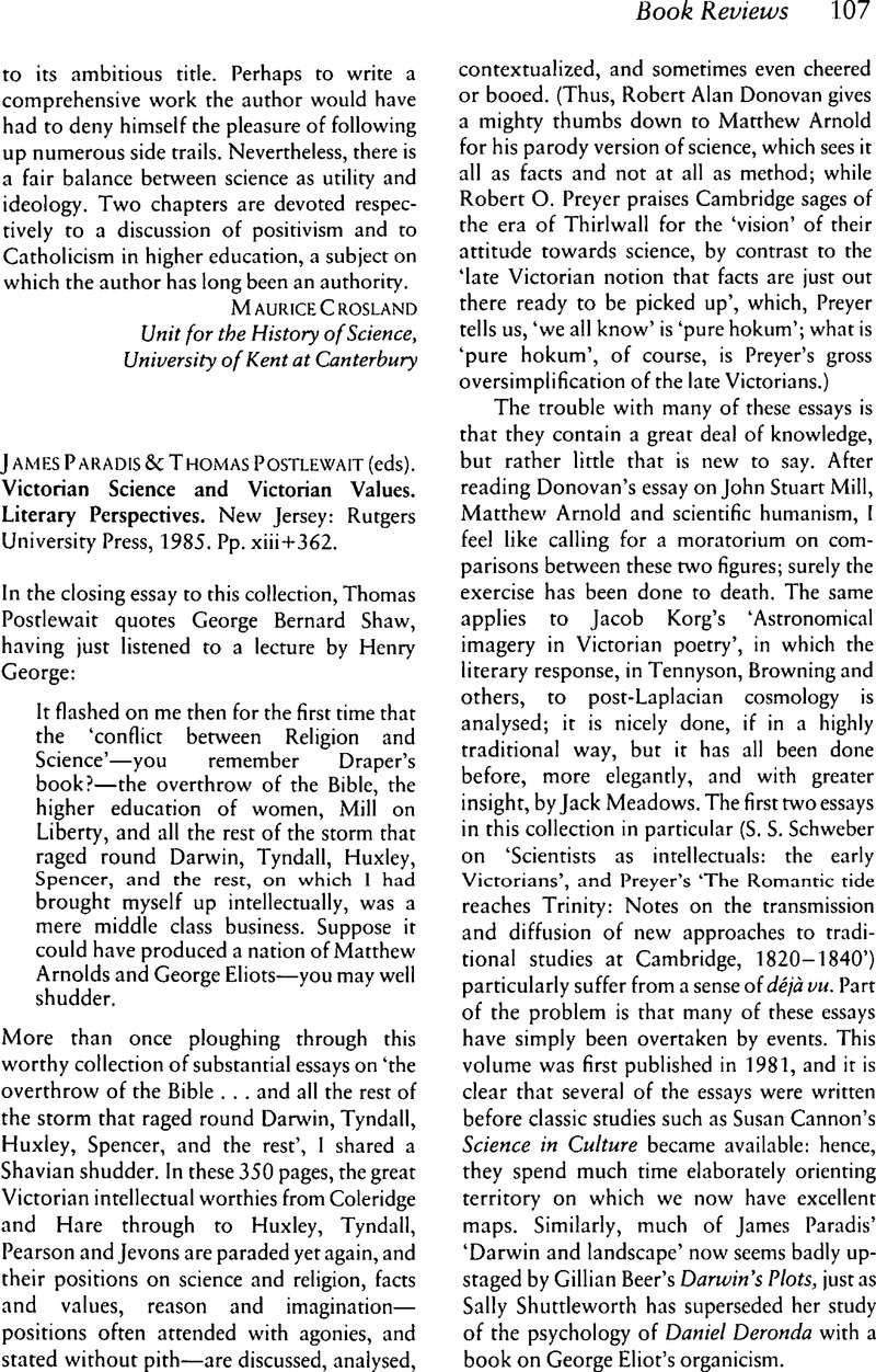 James Paradis & Thomas Postlewait (eds). Victorian Science and ...