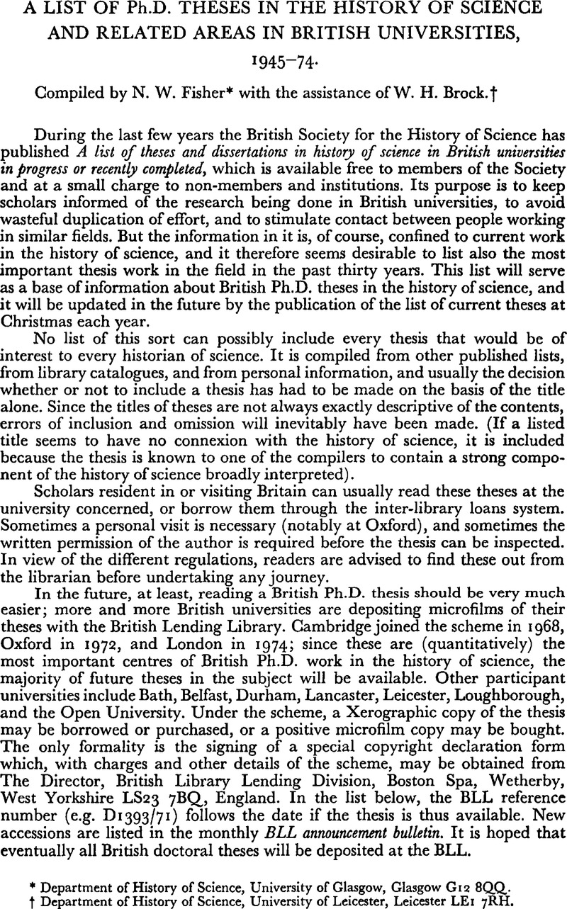 A List of Ph.D. Theses in the History of Science and Related Areas in ...