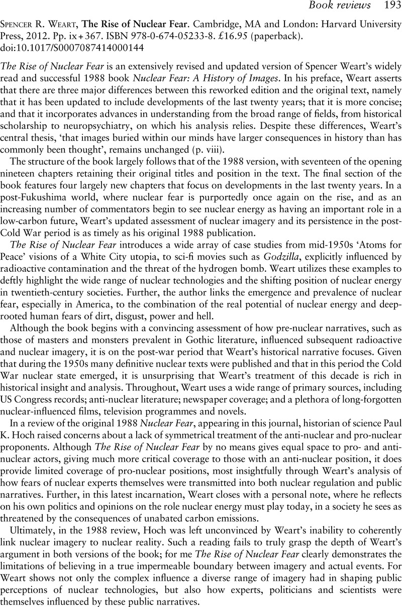 Spencer R. Weart, The Rise of Nuclear Fear. Cambridge, MA and London ...