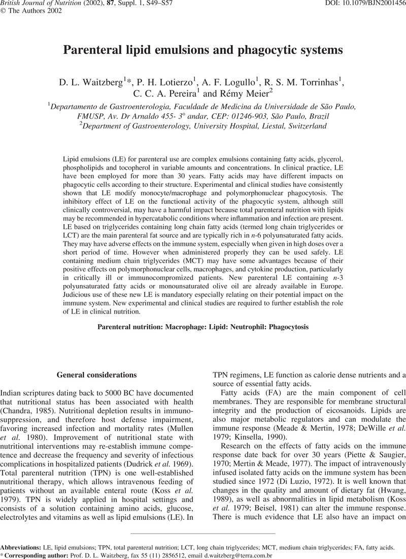 Parenteral lipid emulsions and phagocytic systems | British Journal of ...
