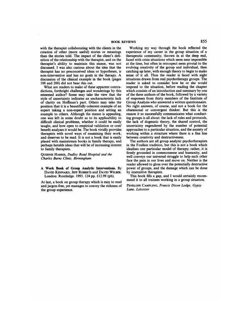 A Work Book of Group Analytic Interventions. By David Kennard, Jeff ...