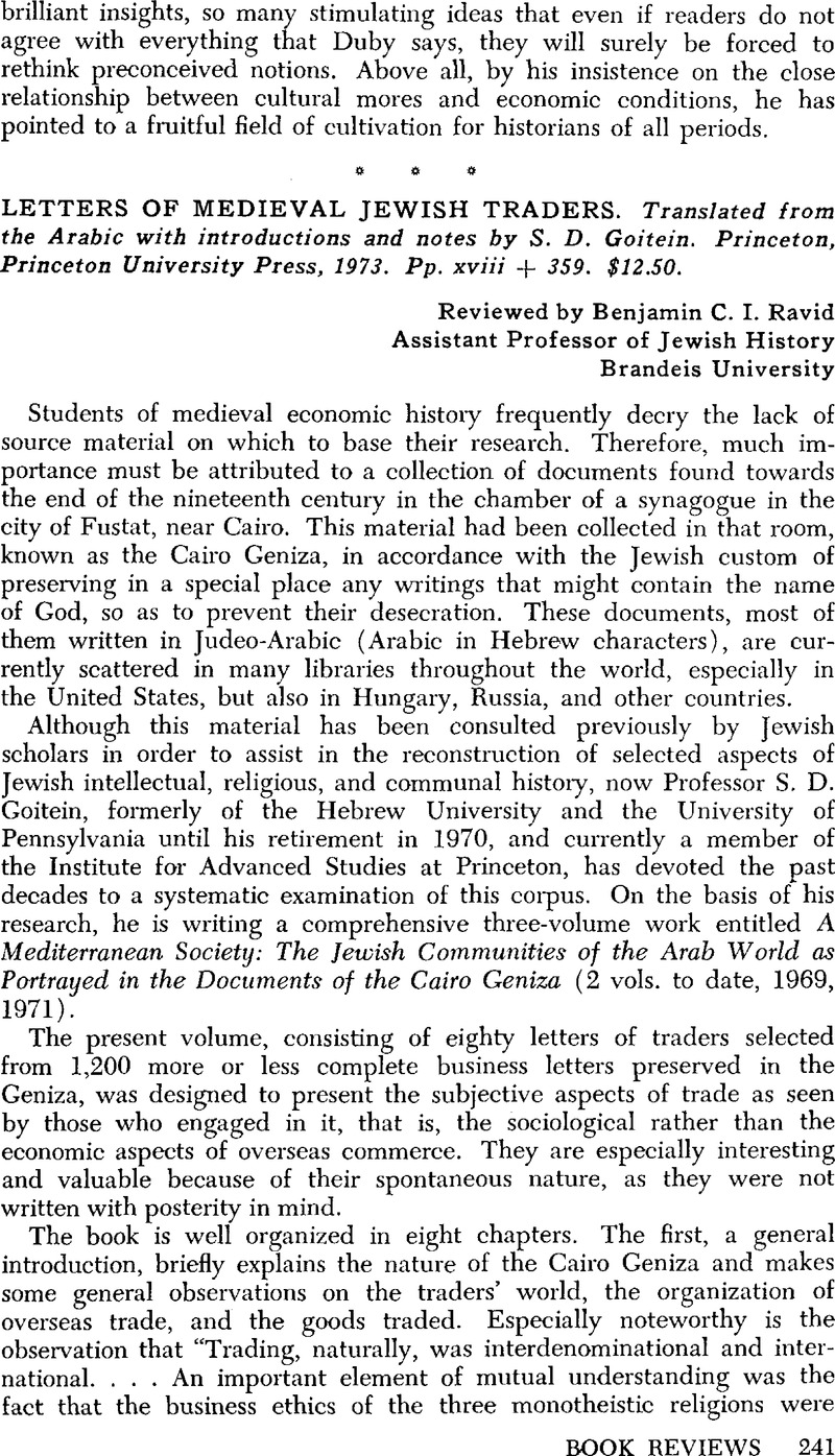 Letters of Medieval Jewish Traders. Translated from the Arabic with ...