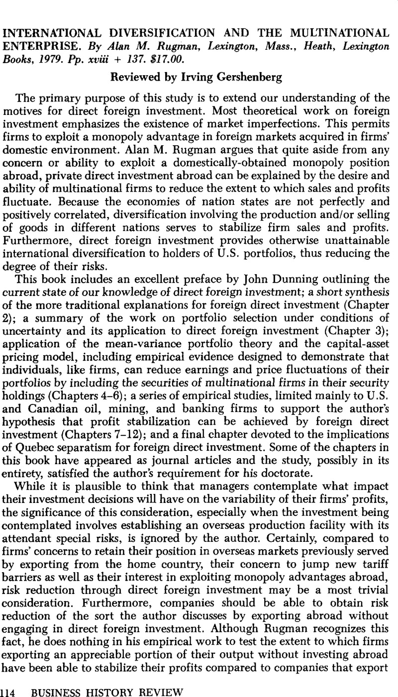 International Diversification and the Multinational Enterprise. By Alan ...