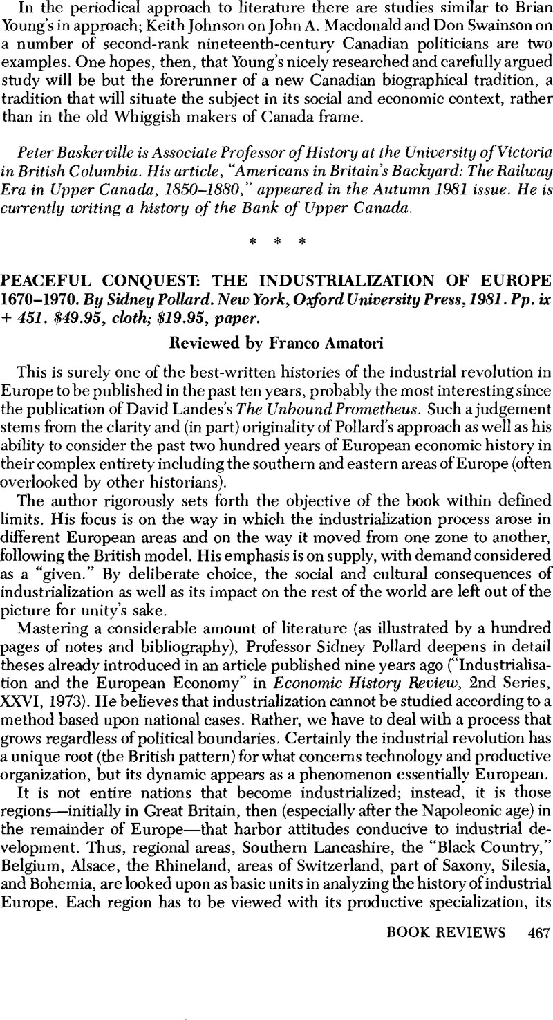 Peaceful Conquest: The Industrialization Of Europe 1670–1970. By Sidney ...