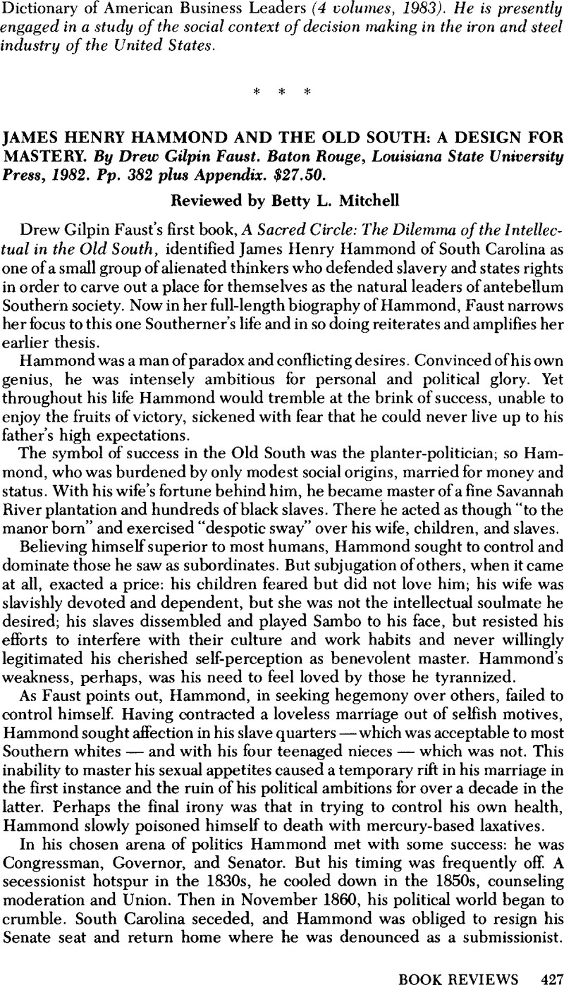 James Henry Hammond and the Old South: A Design for Mastery. By Drew ...