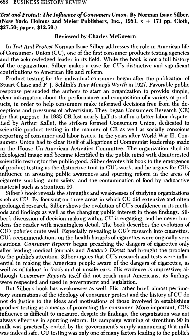 Test and Protest: The Influence of Consumers Union. By Norman Isaac ...