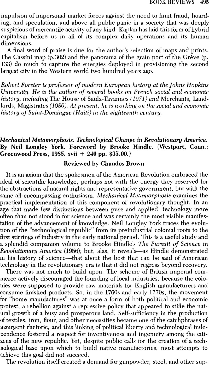 Mechanical Metamorphosis: Technological Change in Revolutionary America ...