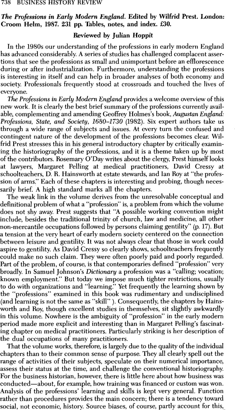 The Professions in Early Modern England. Edited by Wilfrid Prest ...
