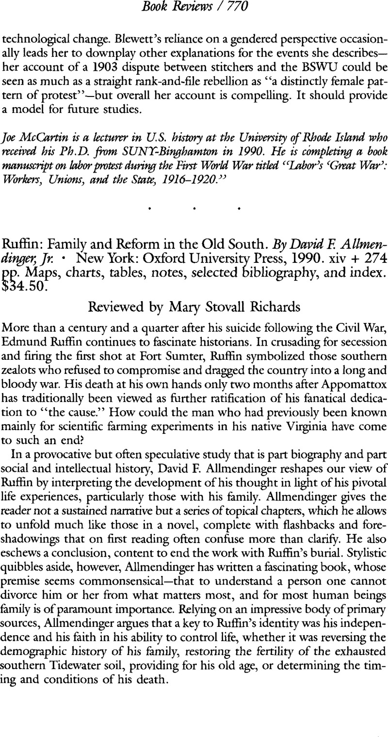 Ruffin: Family and Reform in the Old South. ByDavid F. AllmendingerJr ...