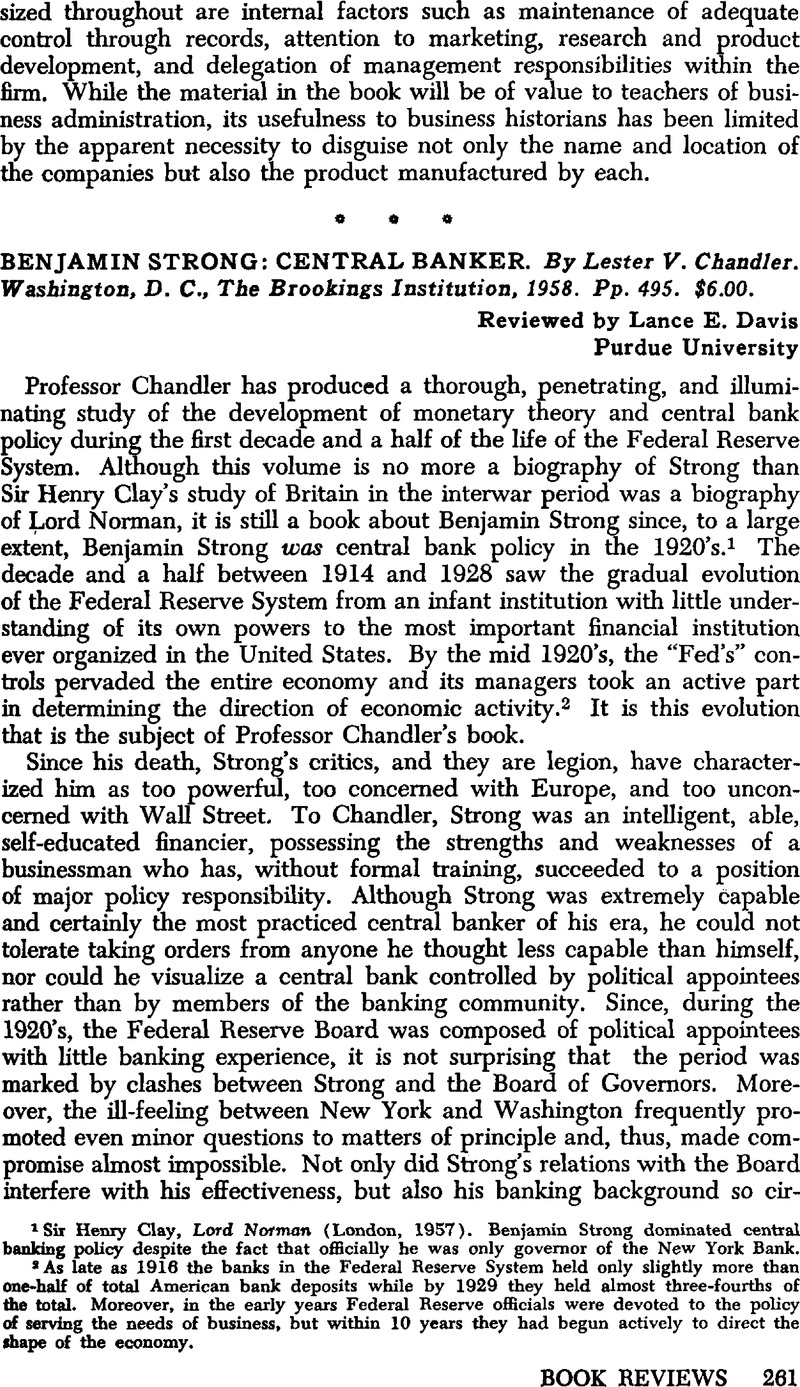 Benjamin Strong: Central Banker. By Lester V. Chandler. Washington, D ...