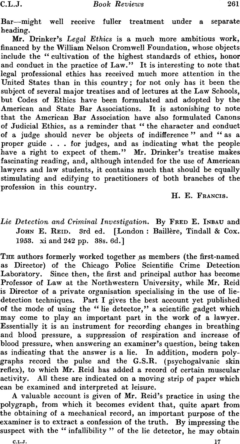 Lie Detection and Criminal Investigation. By Fred E. Inbau and John E ...