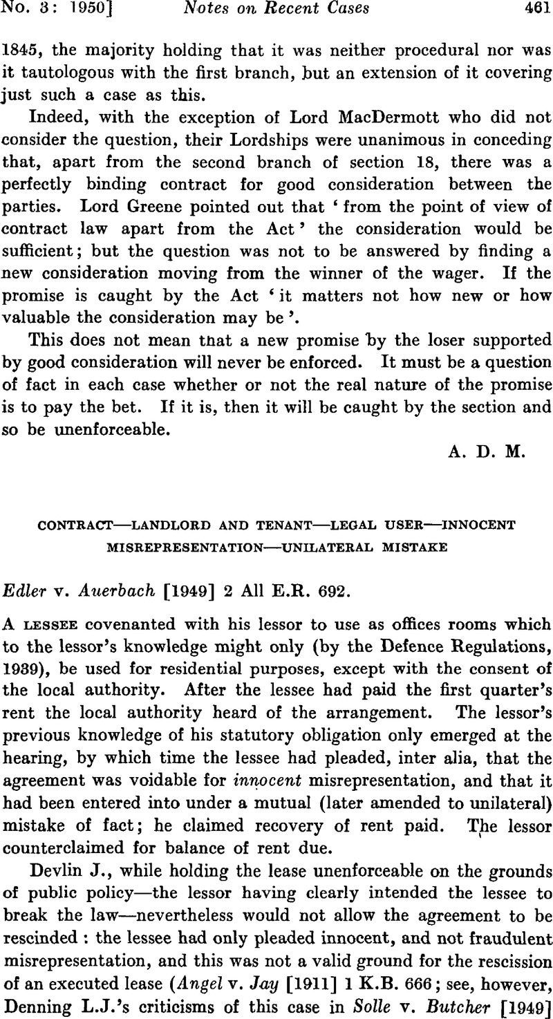 Contract—Landlord and Tenant—Legal User—Innocent Misrepresentation ...