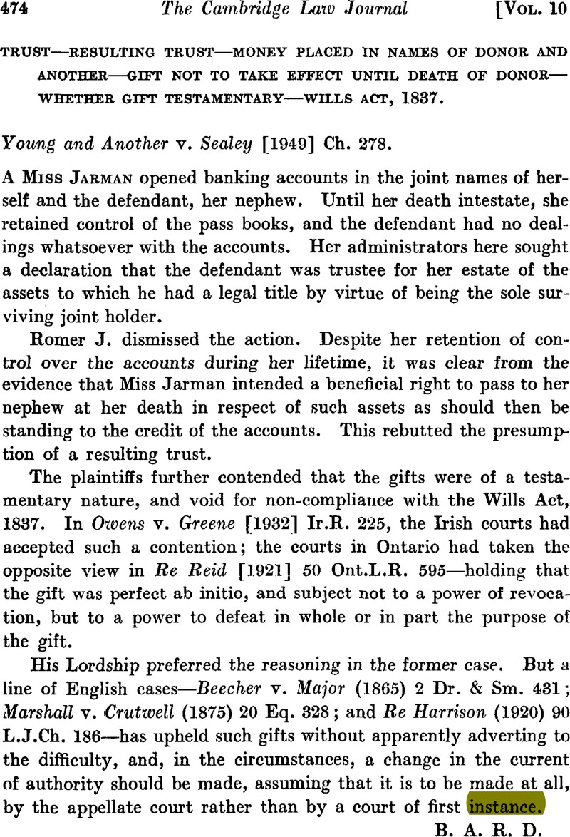 Trust—Resulting Trust—Money Placed in Names of Donor and Another—Gift ...