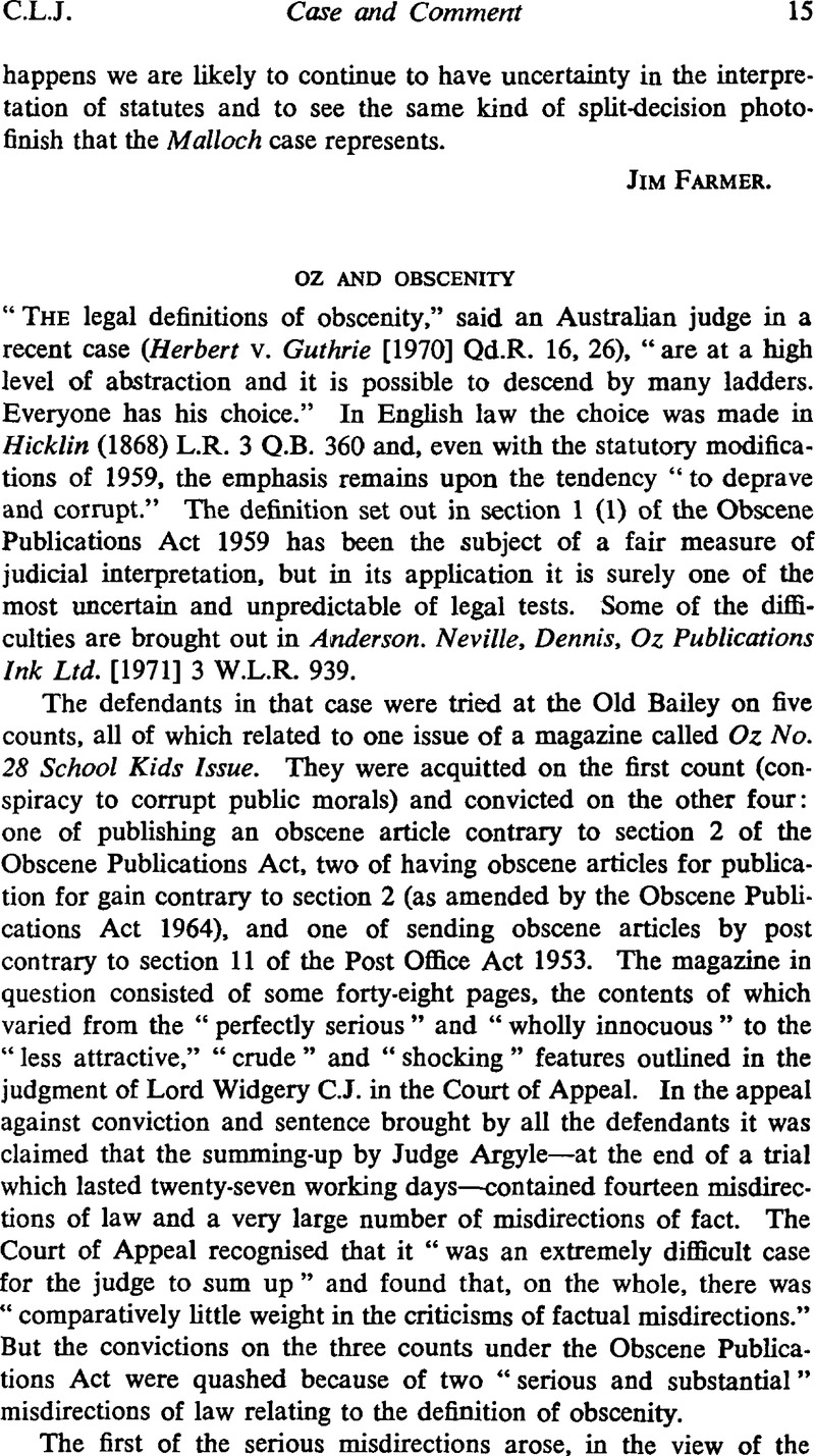 Oz and Obscenity | The Cambridge Law Journal | Cambridge Core